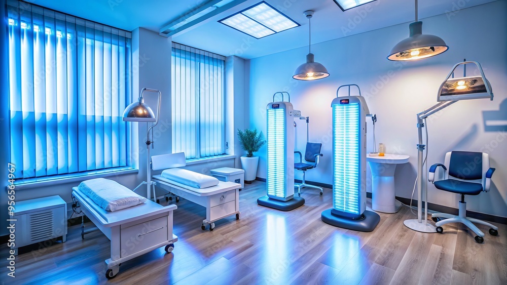 UVB phototherapy lamps shining brightly in a modern dermatology clinic ...
