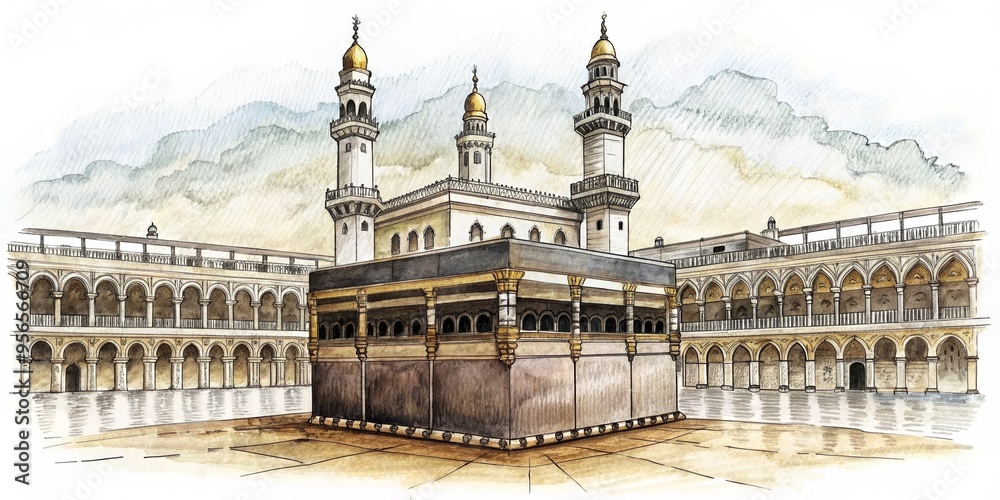 Ink sketch of the Kaaba in Mecca, ink, sketch, Kaaba, Mecca, Islamic ...