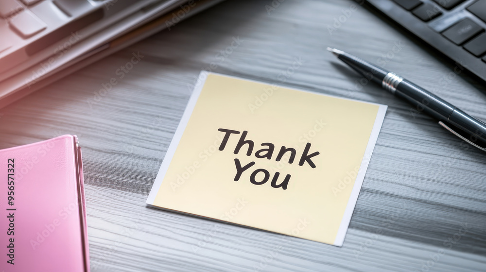 Sticky note with "Thank You" message on an office desk with a pen and ...
