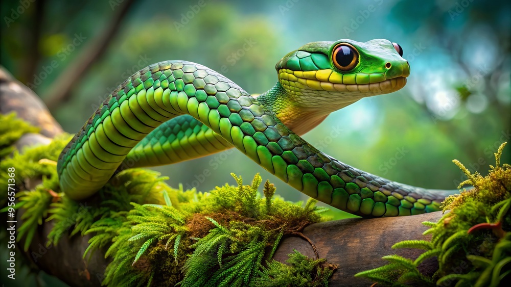 Vibrant green boomslang snake with large eyes and elongated body coils ...