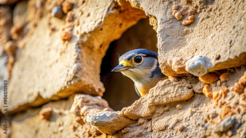 Bird peeking out of hole in wall , bird, hole, wall, curiosity, peeking ...