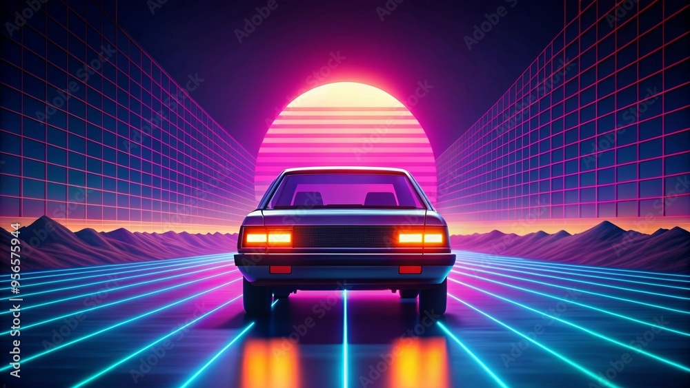 Car driving on neon road in 80s retro synthwave style, retro, 80s ...