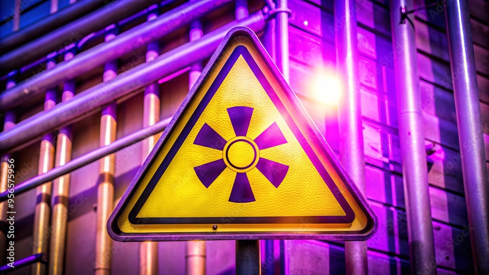 Vibrant purple UV light illuminates a bold, yellow warning sign with a ...