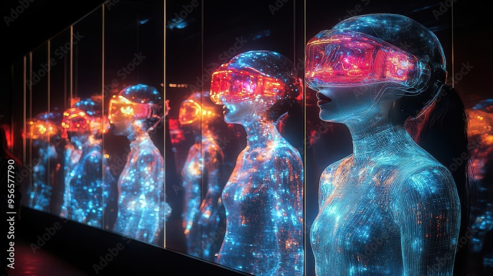 diverse crowd of holographic avatars attending a virtual concert with ...