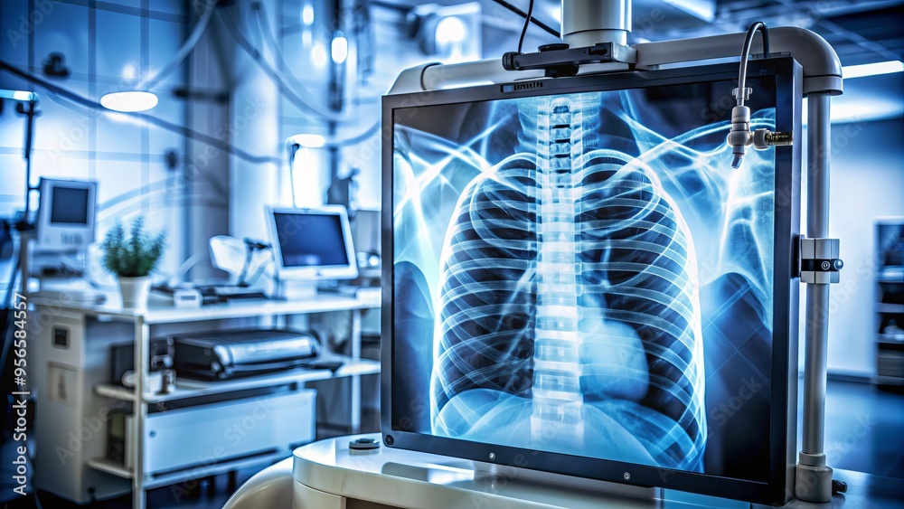 X-ray image of a patient's chest cavity showing a collapsed lung with ...