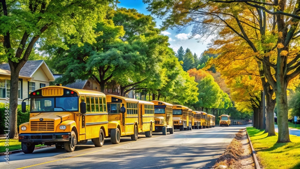 Yellow school buses line up along a quiet suburban street lined with ...