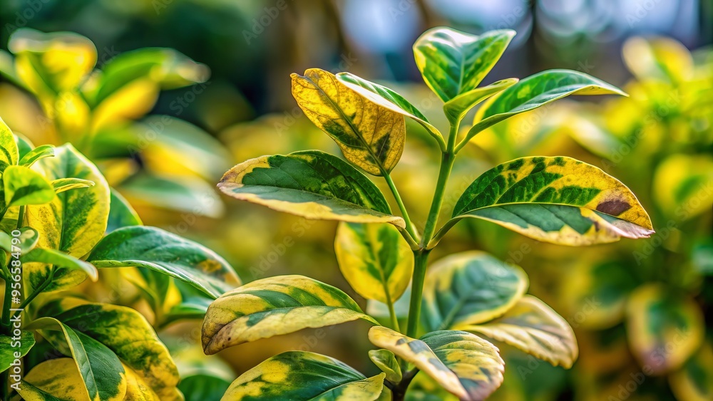 Yellowing leaves with stunted growth and reduced foliage on a plant ...