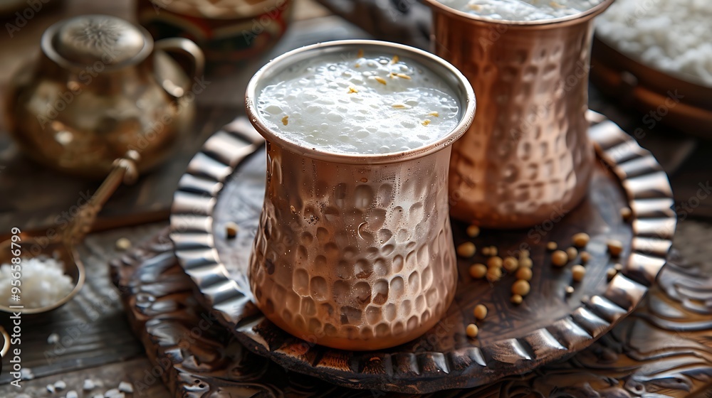 Traditional Turkish ayran in copper cup, frothy and cold, placed on a ...