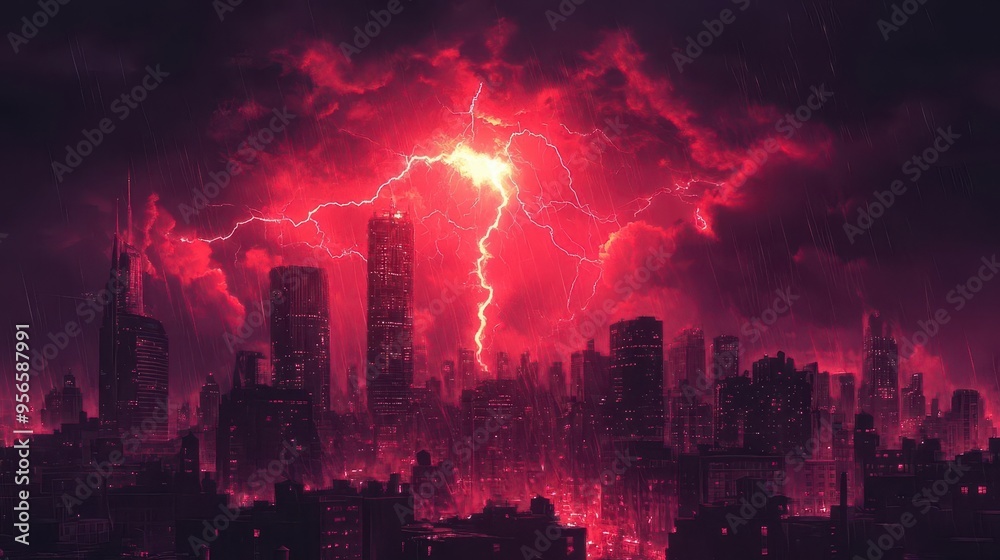 electrifying red lightning storm over retro cityscape half realistic ...