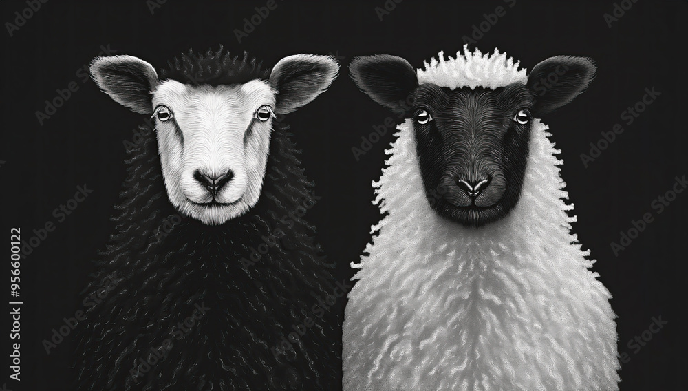 Sheep, lamb. Vintage retro print, black white sheep lamb sketch ink ...