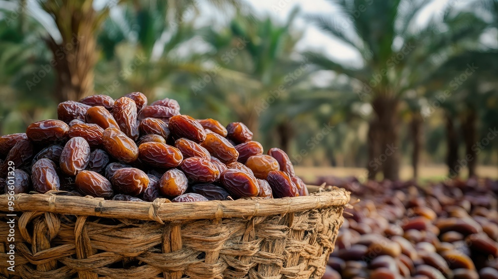Close-up of freshly picked dates in a woven basket, with a backdrop of ...