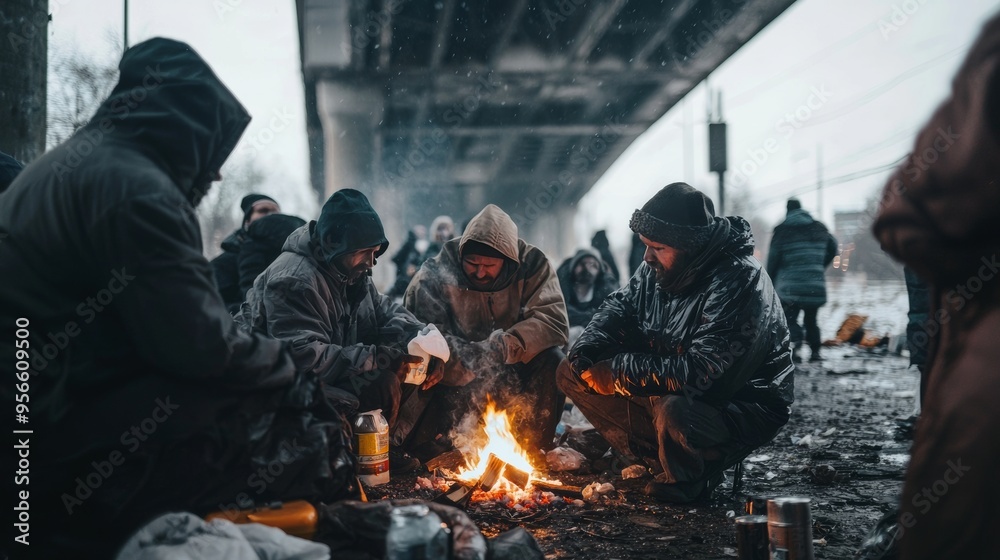 Group of Homeless People Huddled Around a Fire Under a Bridge: Survival ...