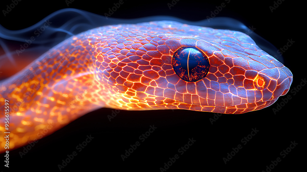 snake, the head of a snake in a multi-colored flame. Abstract ...