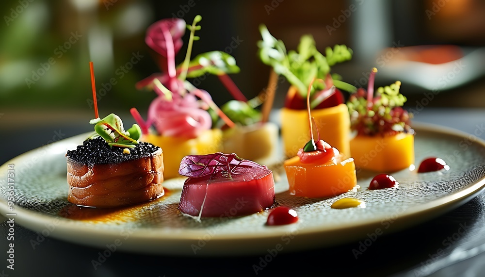 Several delicacies are placed on an exquisite plate, with a blurred ...