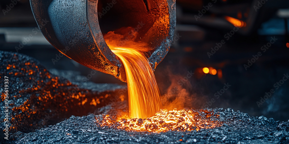 Molten metal is poured from a refractory ladle. Metal melting ...