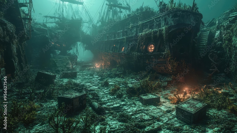 Sunken pirate ship graveyard, with overgrown coral, treasure chests ...