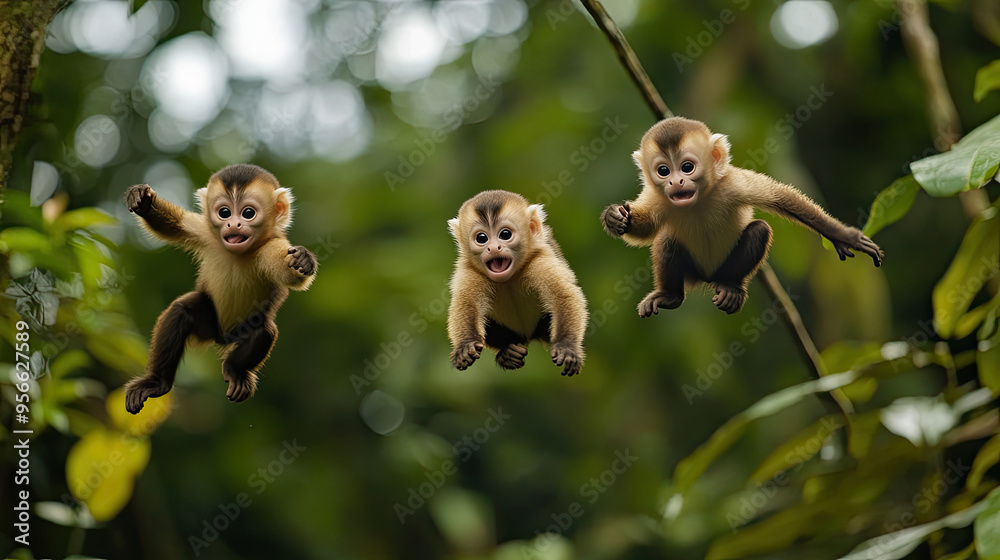 Curious capuchin monkeys swinging between trees in the Amazon ...