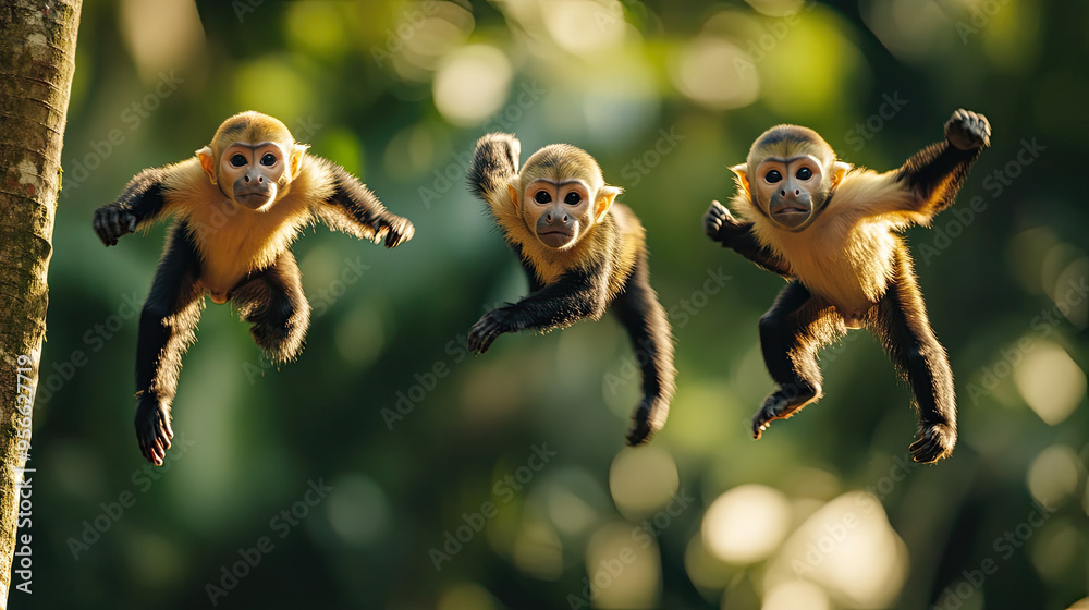 Curious capuchin monkeys swinging between trees in the Amazon ...