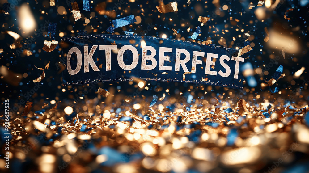 Colorful confetti bursts in the air as a banner celebrating Oktoberfest ...