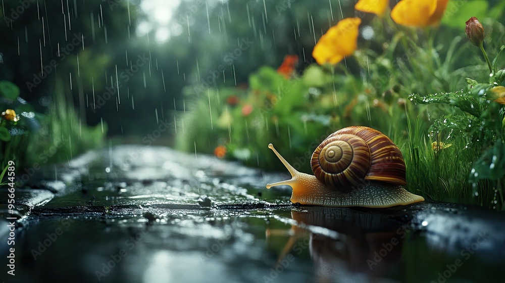 A snail trailing across a garden path after a rain shower, with its ...