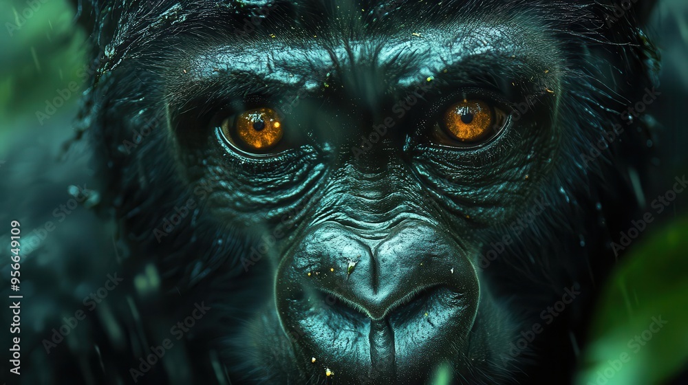 hyperrealistic gorilla portrait soulful eyes reflecting rainforest ...