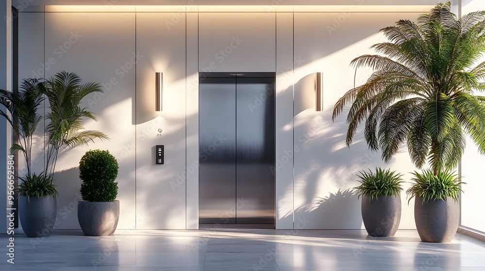 Modern elevator lobby, white walls, stainless steel elevator doors ...