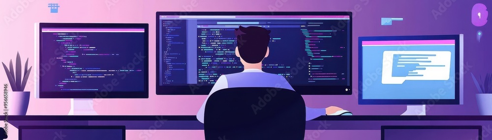 Programmer integrating API with website on a dual monitor setup ... Programmer integrating API with website on a dual monitor setup ...