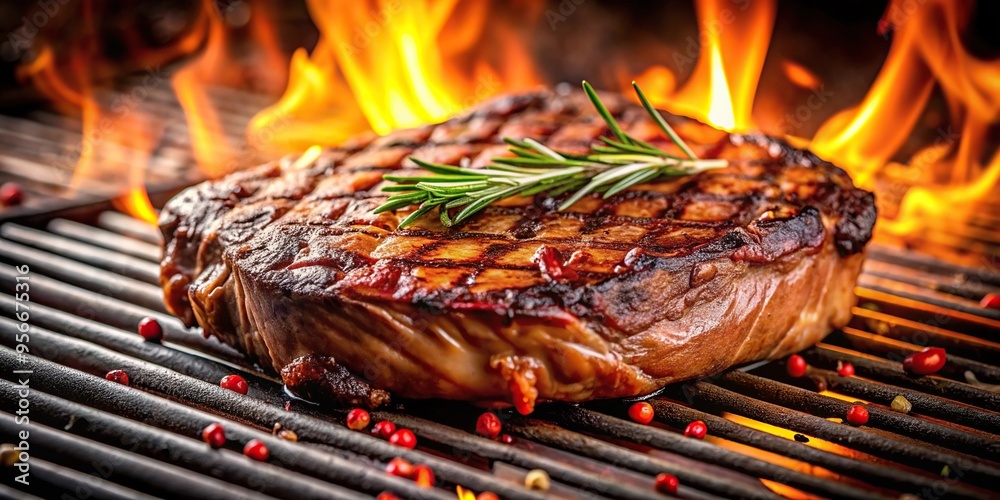 Mouthwatering grilled beef steak on a sizzling hot grill, barbecue ...