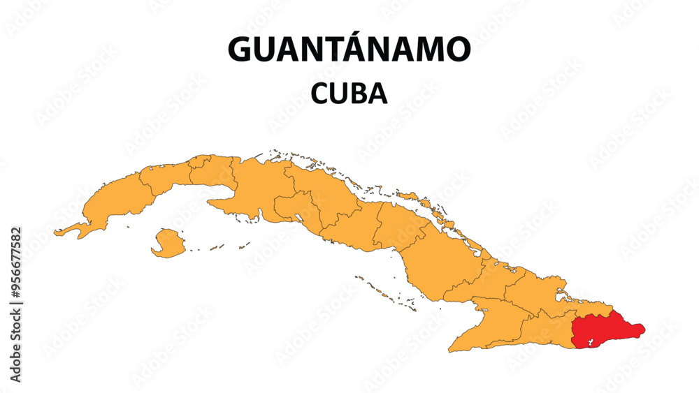 Guantánamo Map is highlighted on the Cuba map with detailed state and region outlines. Stock ...