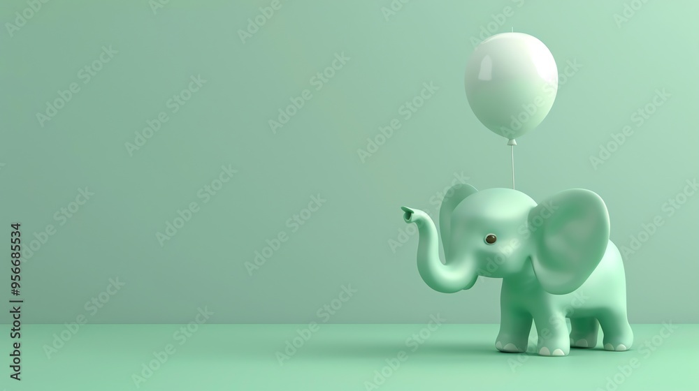 A light green cartoon elephant with a white balloon on a light green ...