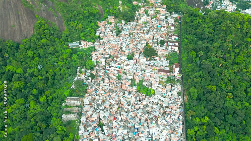 An aerial view of densely packed buildings in a favela in Rio de ...