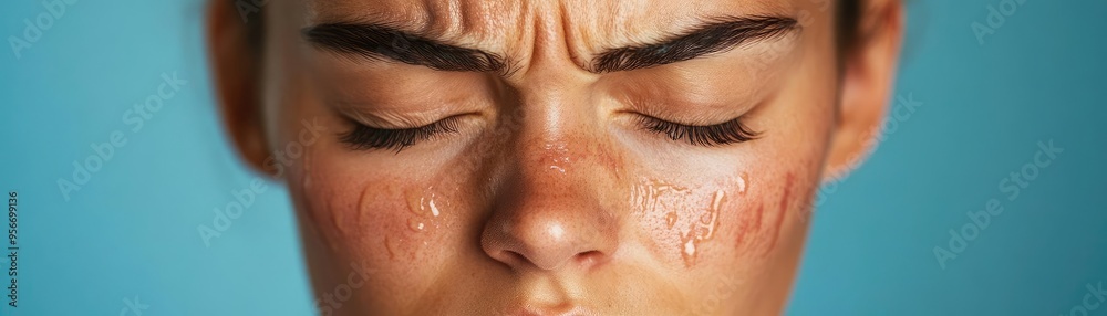 Tear-streaked face of a woman frowning in pain, intense sadness and ...