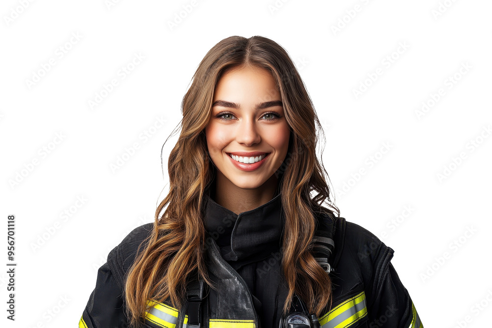 Front-facing portrait of a delighted American female firefighter ...