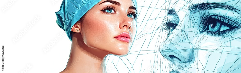 A beautiful woman with a medical cap and plastic carving lines on her ...