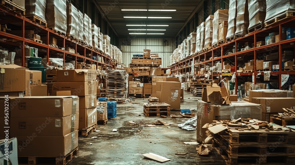 Warehouse scene filled with mismatched pallets, some broken, scattered ...