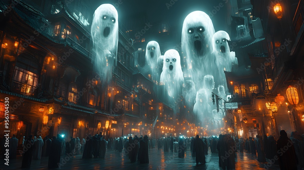 A 3D scene of a crowded square during a Halloween festival at night, with people in creepy, high ...