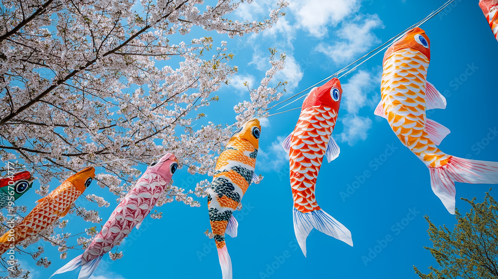 Japanese Koinobori tradition, brightly colored koi fish flags adorn the ...