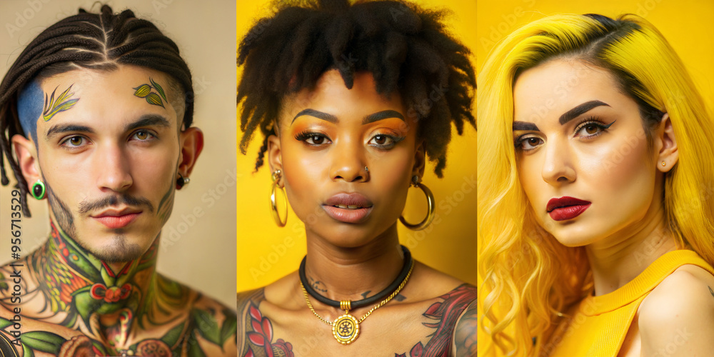 Collage of young multiethnic people with tattoo, piercing and colorful ...
