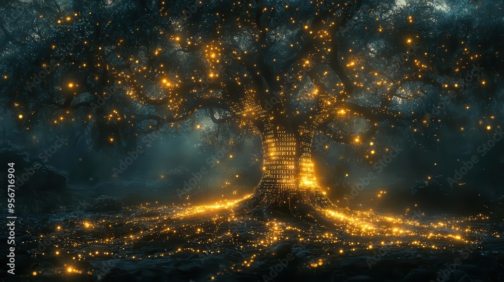 mystical digital artwork blending a luminous tree with glowing fairy lights and streams of ...