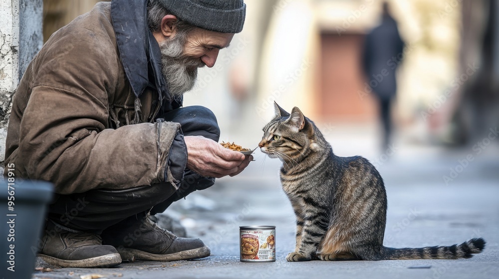 Homeless individual and their loyal cat sharing a meal from a can ...