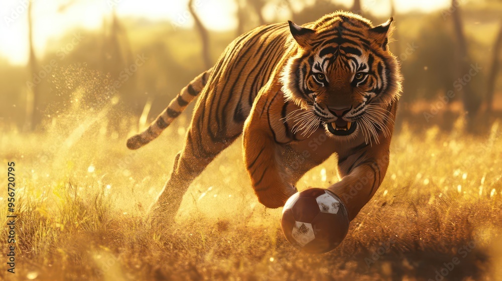 ferocious tiger dribbling soccer ball across sunlit savanna muscles ...