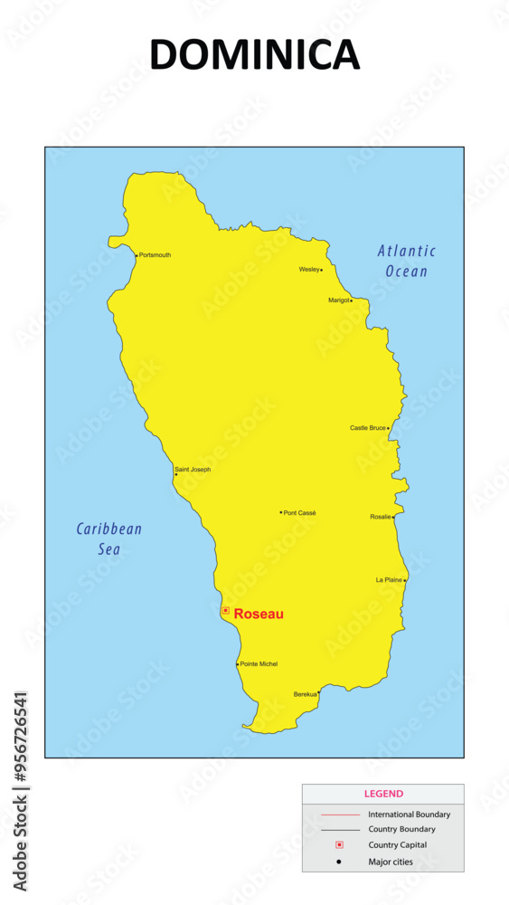 Dominica Map. Major cities in Dominica. Political map of Dominica with ...