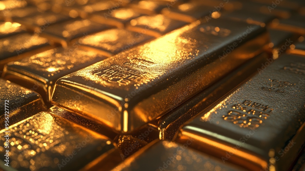 Warehouse with gold. Precious metal for state reserves. Gold bars lie ...