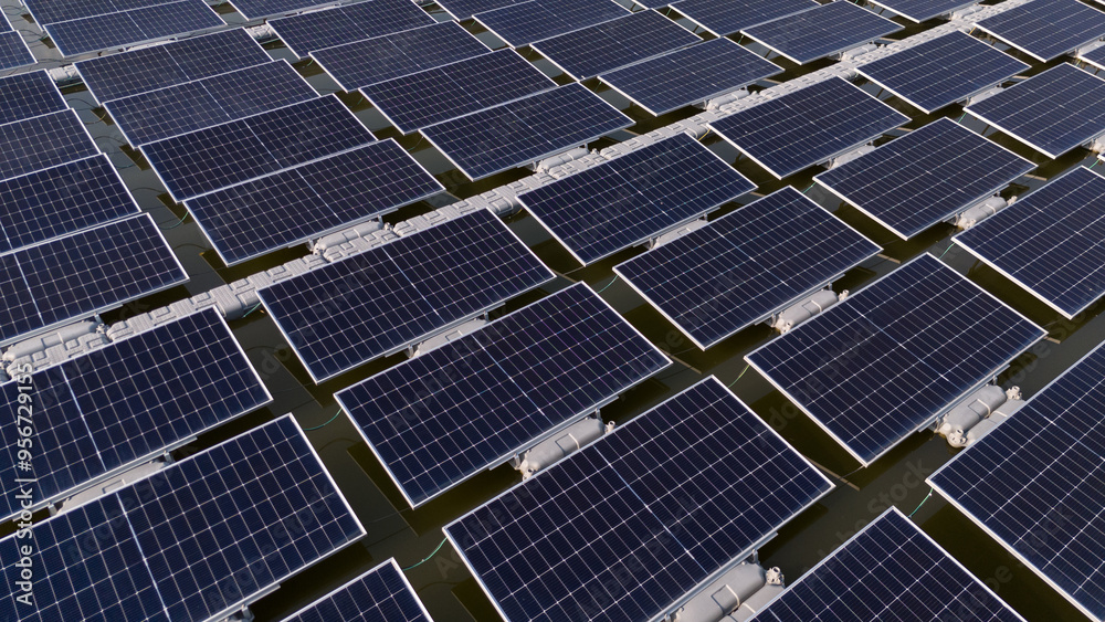 Power panels for green energy. Floating solar panels or solar cell ...