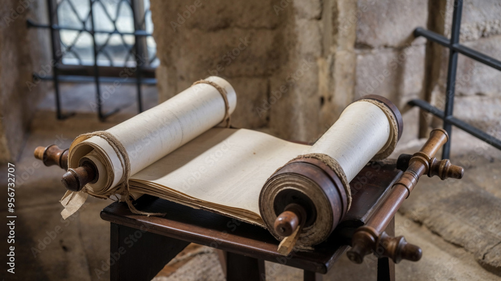 Ancient Opened Scroll in a synagogue. Medieval old papyrus or parchment ...