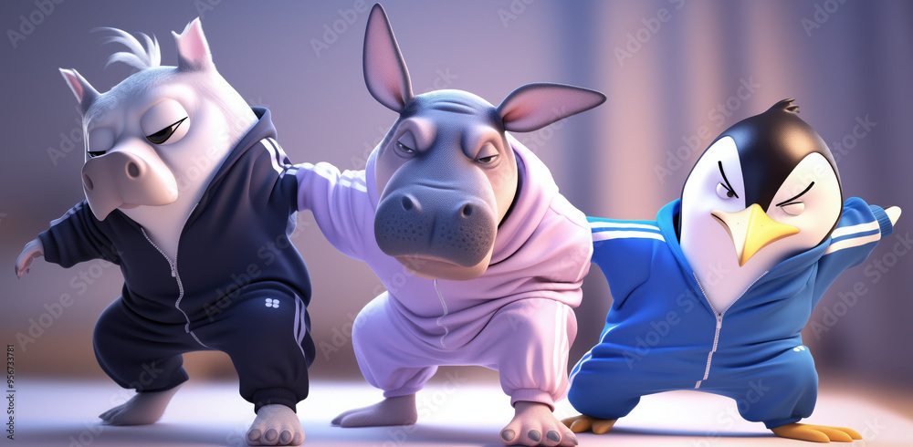 a gang of three fun, funny, darl, eerie, dystopic, whimsical 3D cartoon ...