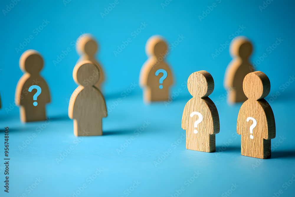 Wooden human-shaped toys on a blue background representing people in ...