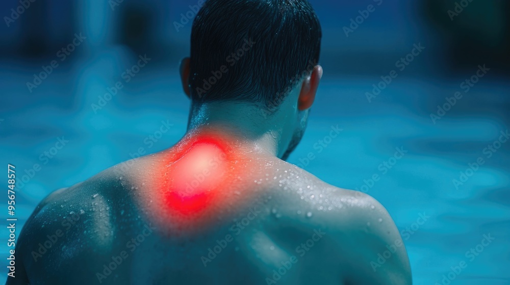 Injured swimmer performing water therapy exercises in a pool for ...
