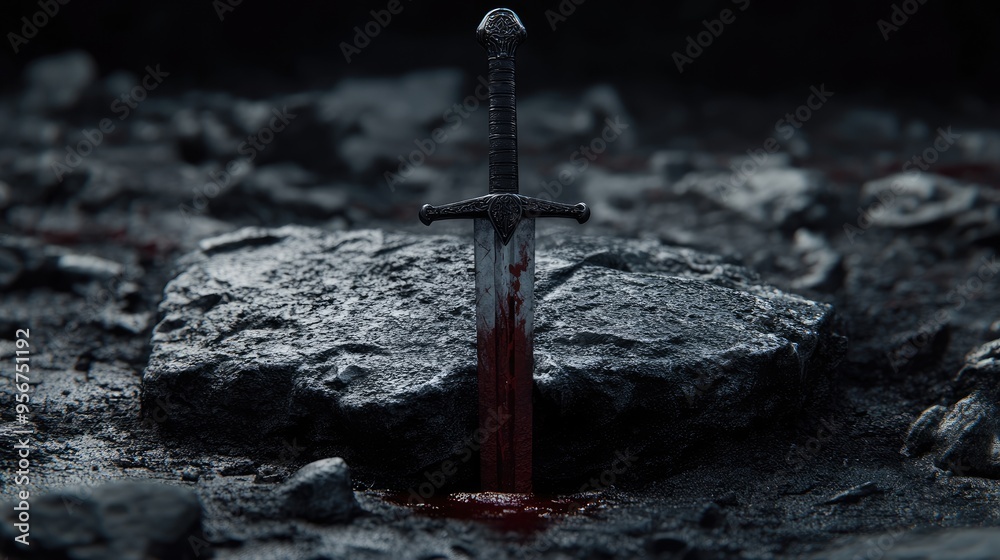 Knight's sword embedded in stone, blood dripping from the blade ...
