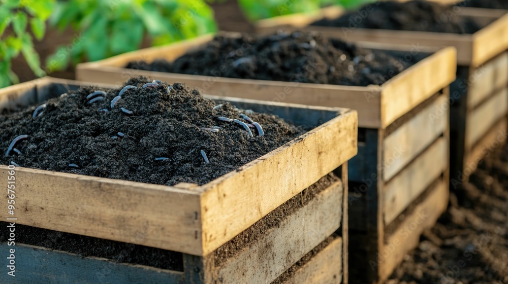 Photograph of vermicomposting bins set up on an organic farm ...